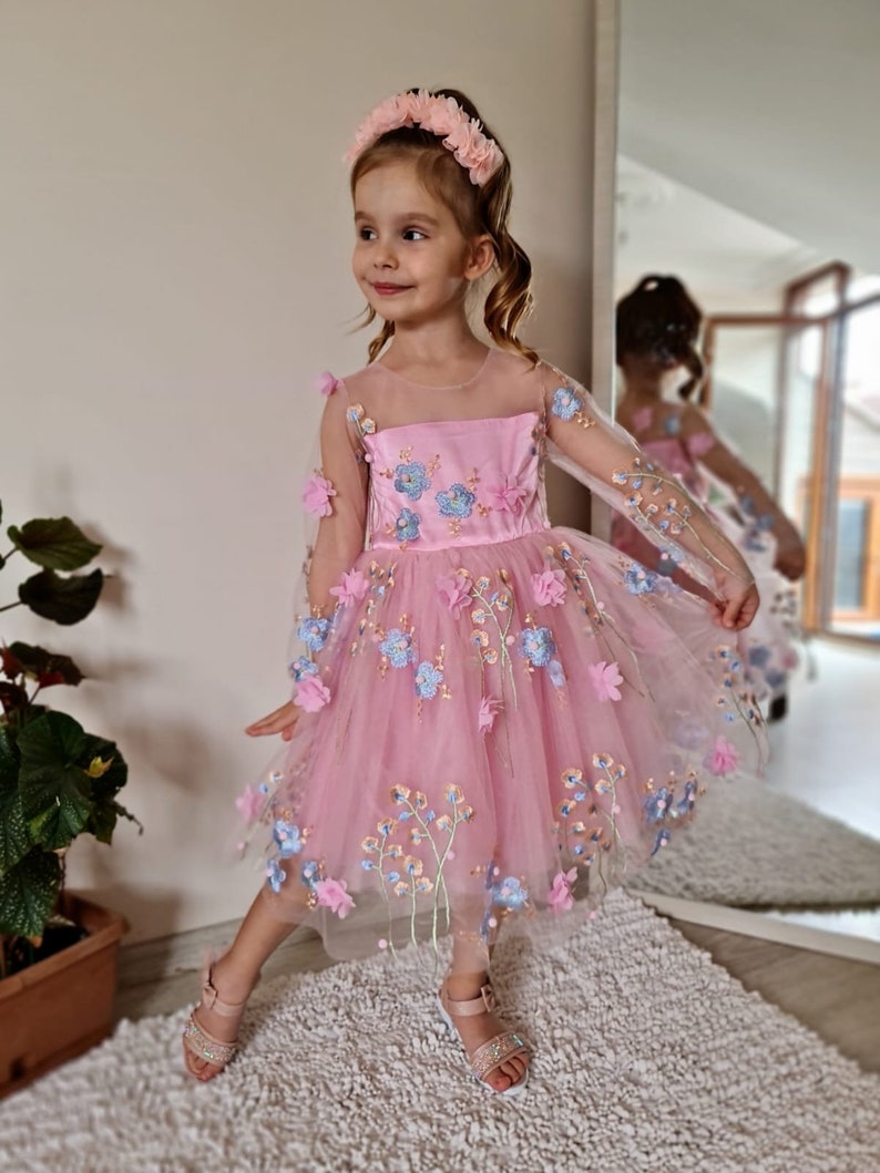 Pink Flower Tulle Gown for Kids, Toddler Floral Dress, Baby Fancy Dress ...