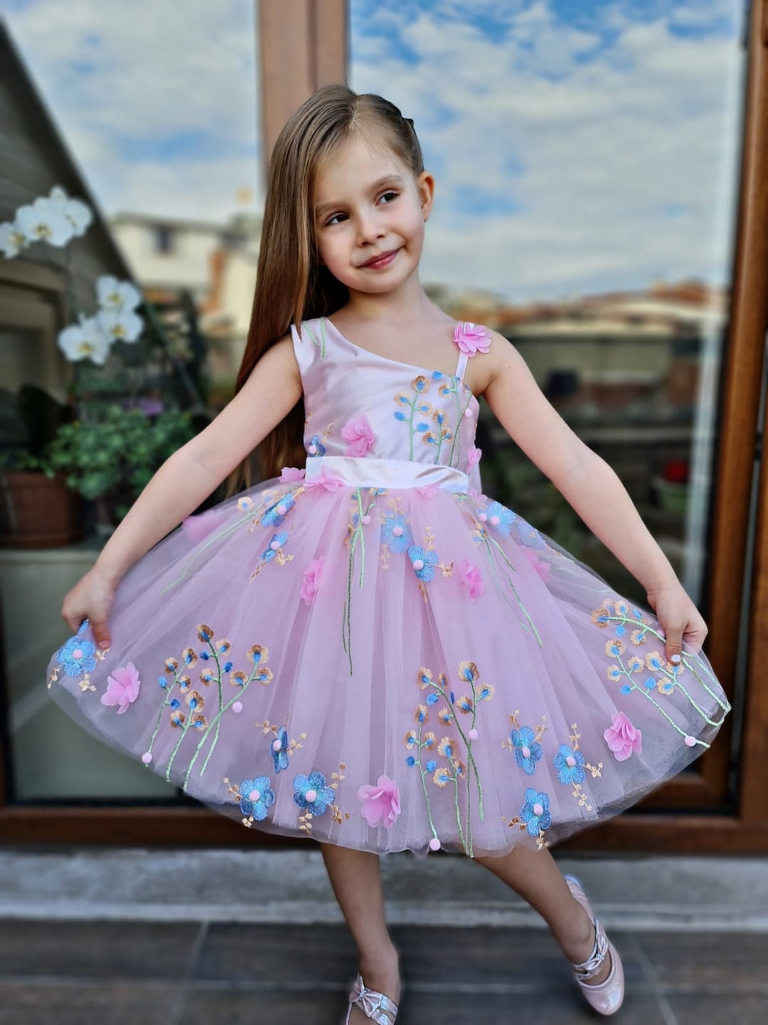 Pink Floral Kids Dress, Puffy Princess Toddler Dress, Little Girl Dance ...