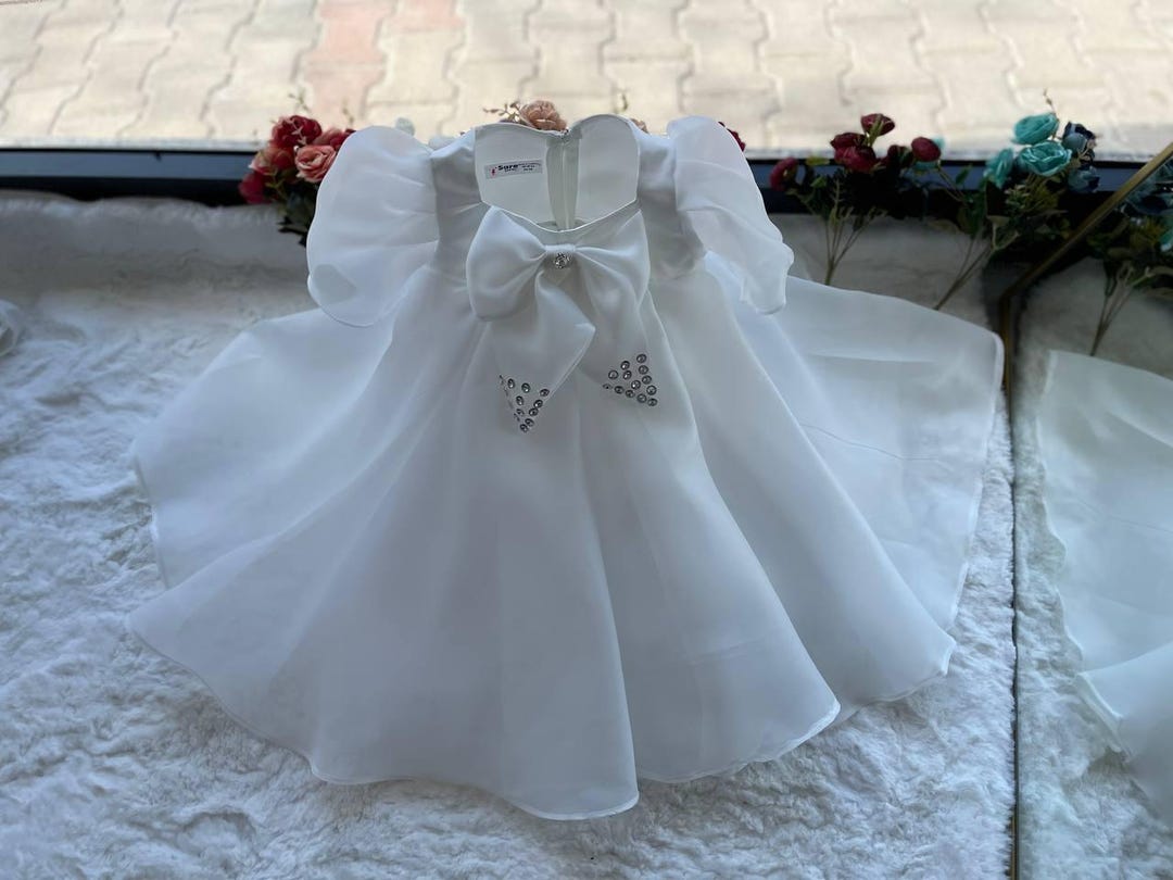 Girls White Dress With Bow Collar Sparkle, Luxury Kids Wedding Dress ...