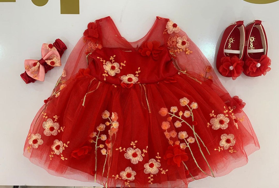 Baby Girl Red Dress Set, Red Floral Baby Set, Shoes, Buckle, Dress Set ...