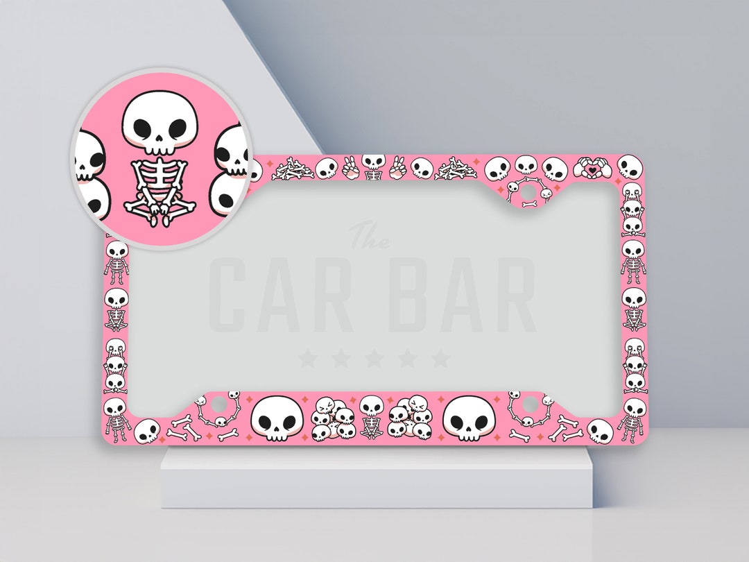Skeleton Skull Pink License Plate Frame, Kawaii Halloween Car ...
