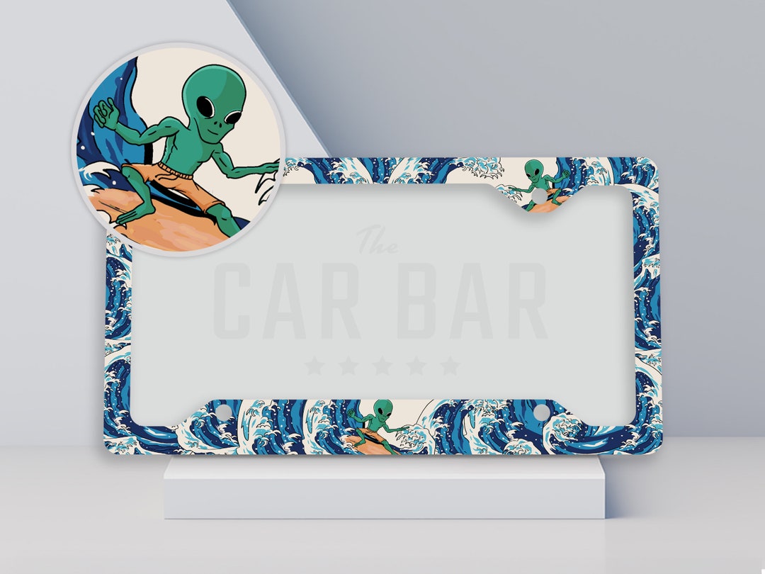 Surfing Alien License Plate Frame, Funny License Plate Cover, Great ...