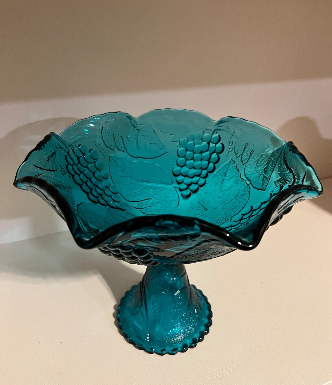 Vintage Aqua Blue Glass Capote Bowl Grape Vine Design - Etsy