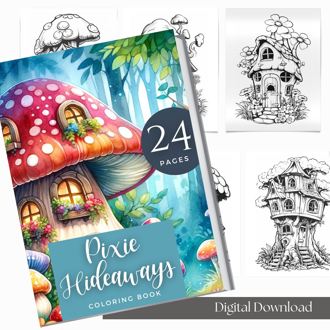 Enchanted Fairy Houses Coloring Book | Download Grayscale Illustration ...