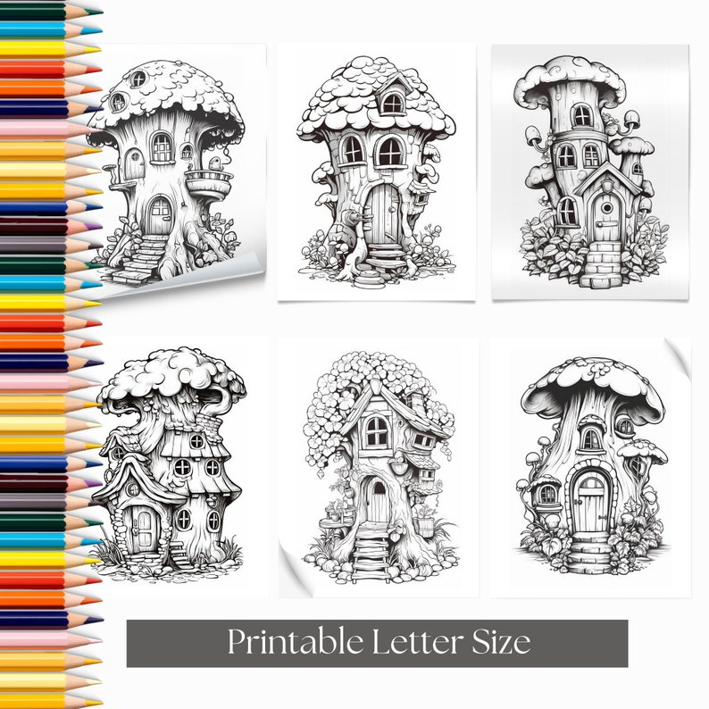 Enchanted Fairy Houses Coloring Book Download Grayscale Illustration ...