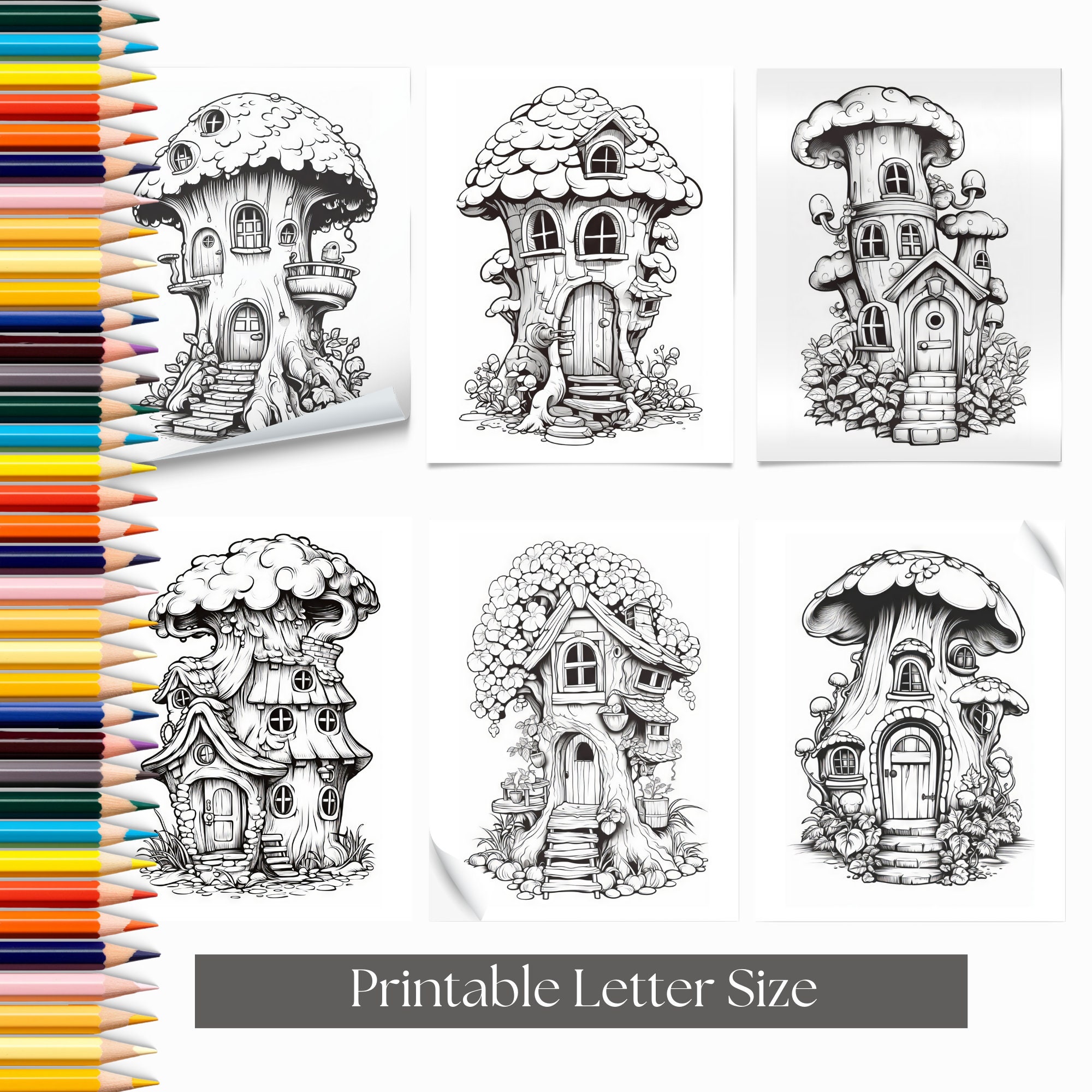 Enchanted Fairy Houses Coloring Book Download Grayscale Illustration ...