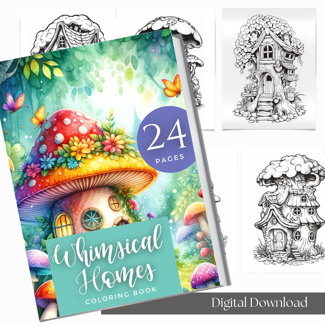 Enchanted Fairy Houses Coloring Book Download Grayscale Illustration ...