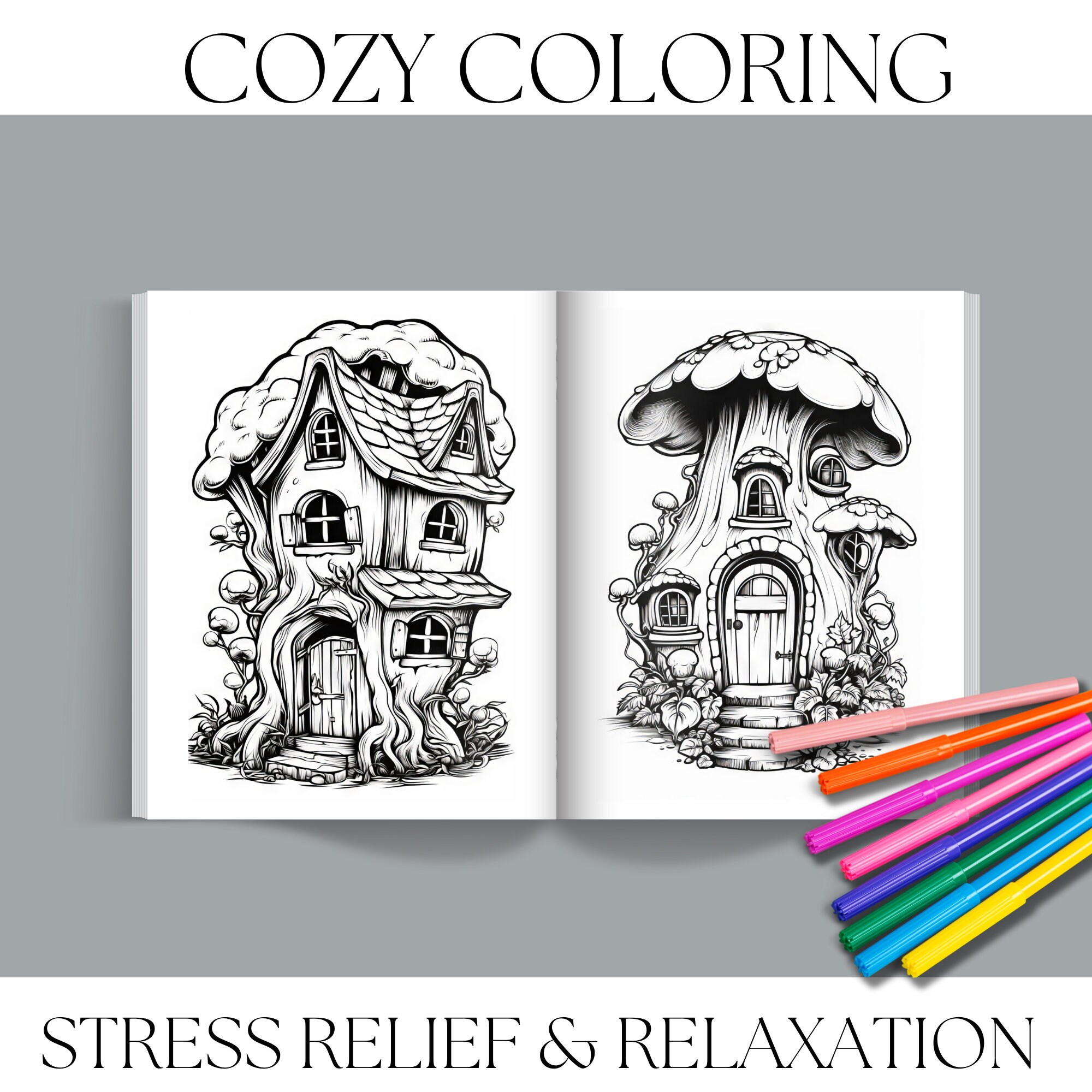 Enchanted Fairy Houses Coloring Book Download Grayscale Illustration ...
