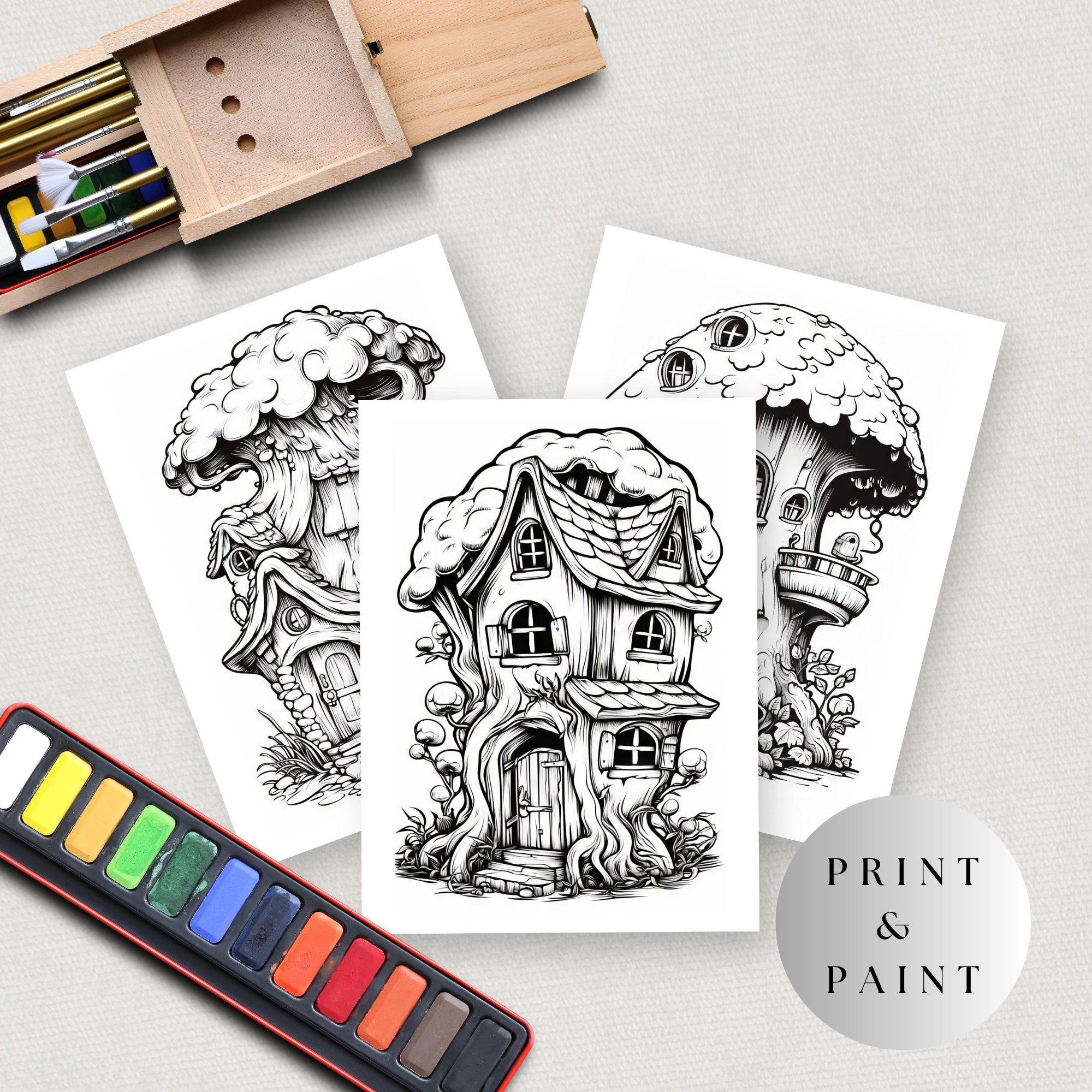 Enchanted Fairy Houses Coloring Book Download Grayscale Illustration ...