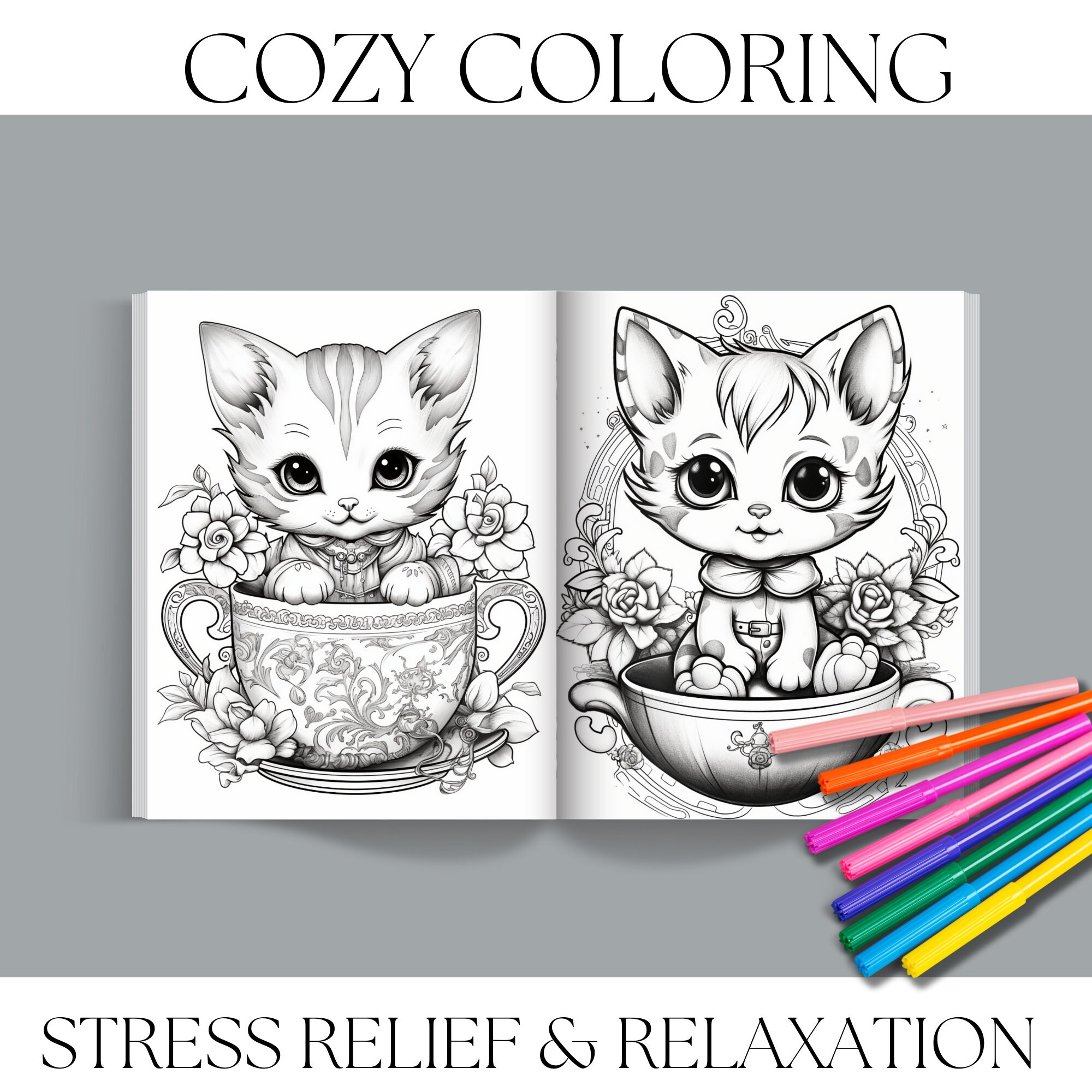 Digital Adult Coloring Book Procreate Cat Coloring Therapy PDF Coloring ...