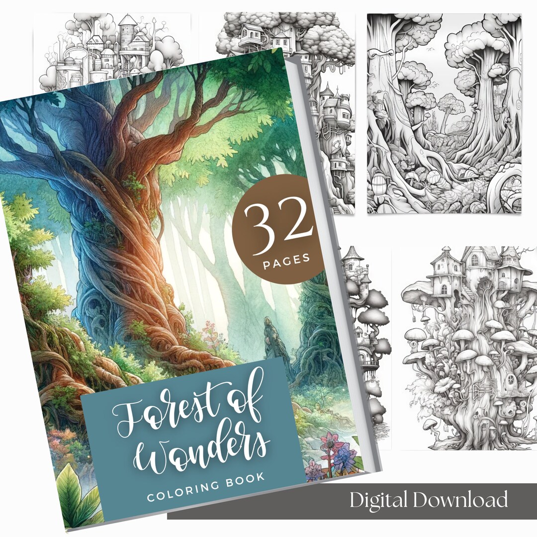Enchanted Fairy Forest Coloring Book | Download Grayscale Illustration ...