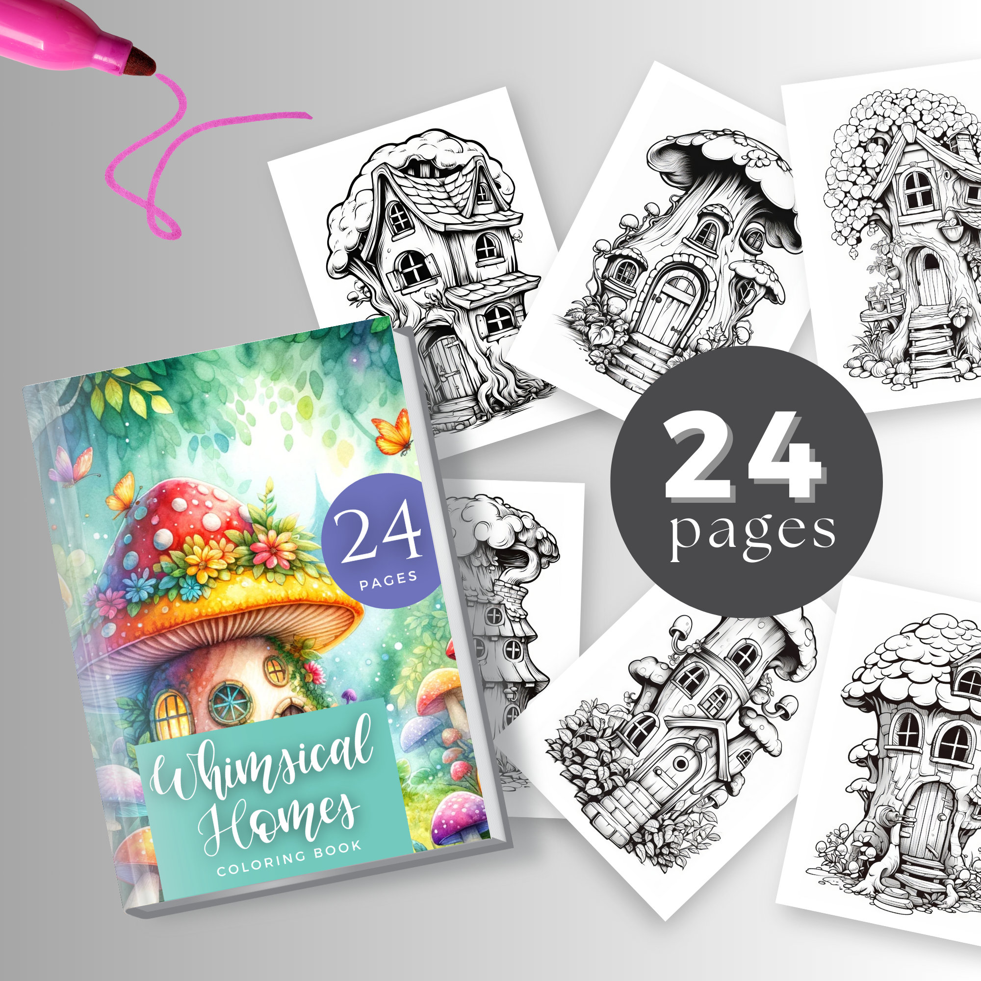 Enchanted Fairy Houses Coloring Book Download Grayscale Illustration ...