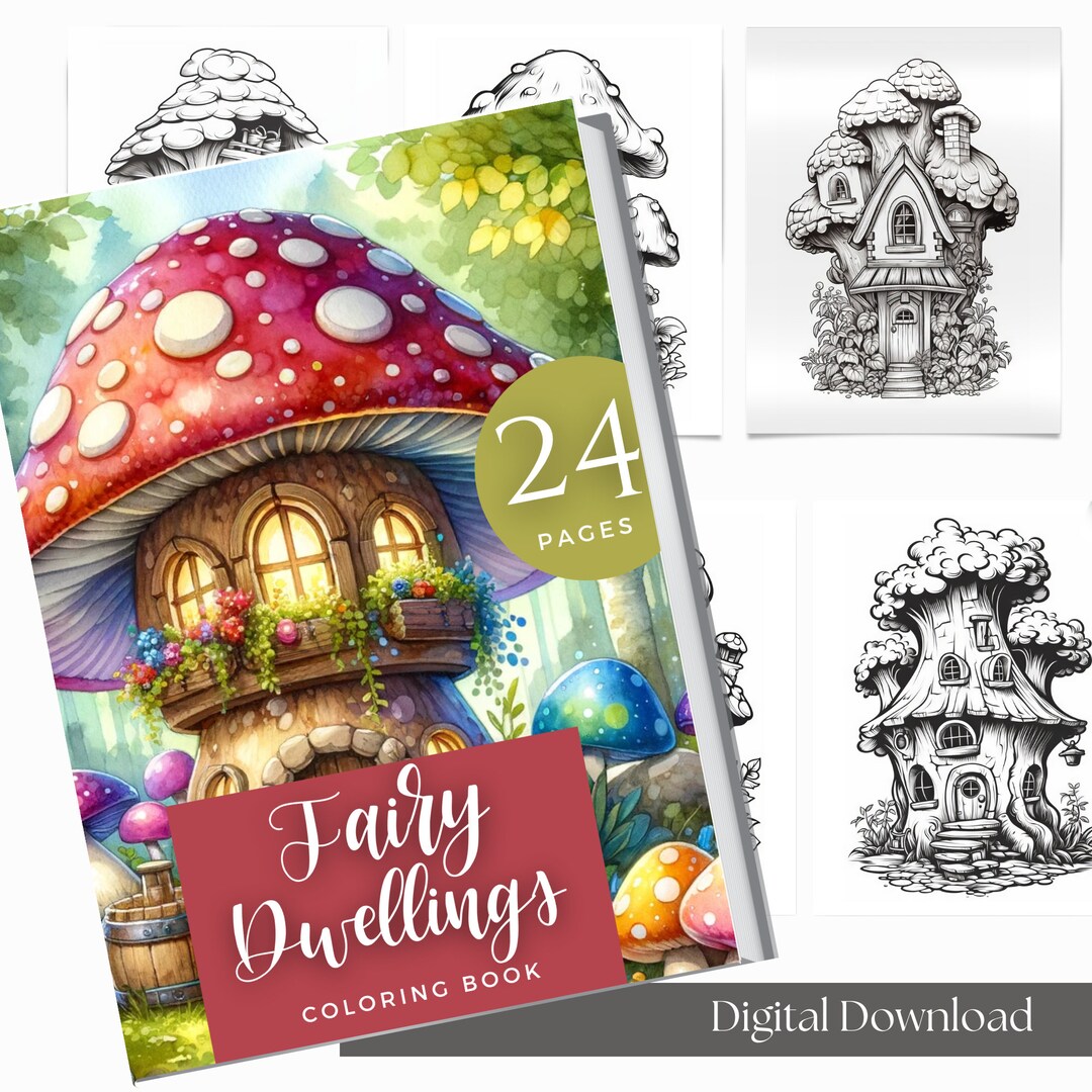 Enchanted Fairy Houses Coloring Book | Download Grayscale Illustration ...
