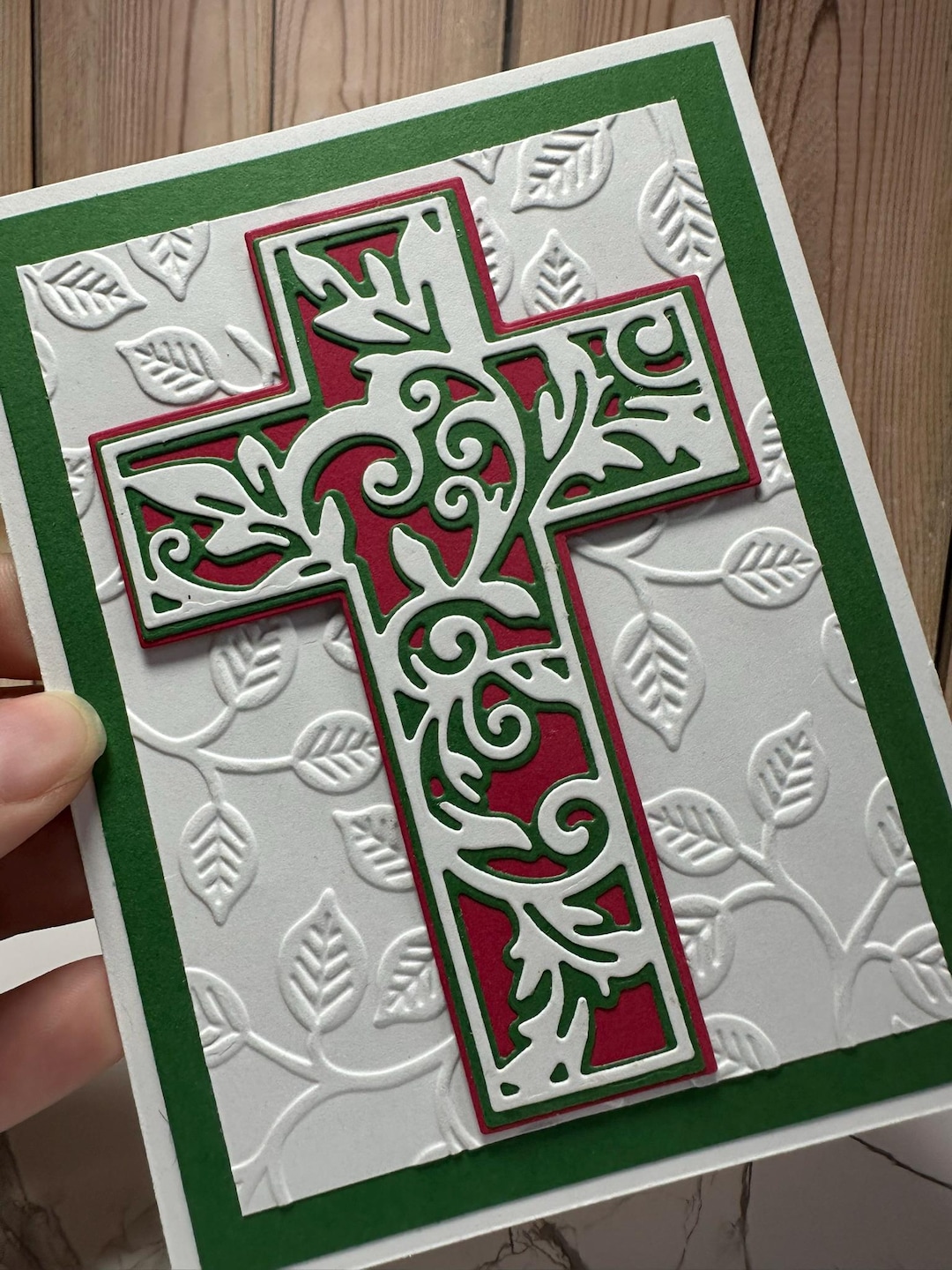 Green Cross Handmade Card Embossed Handcrafted Religious Layered Church ...
