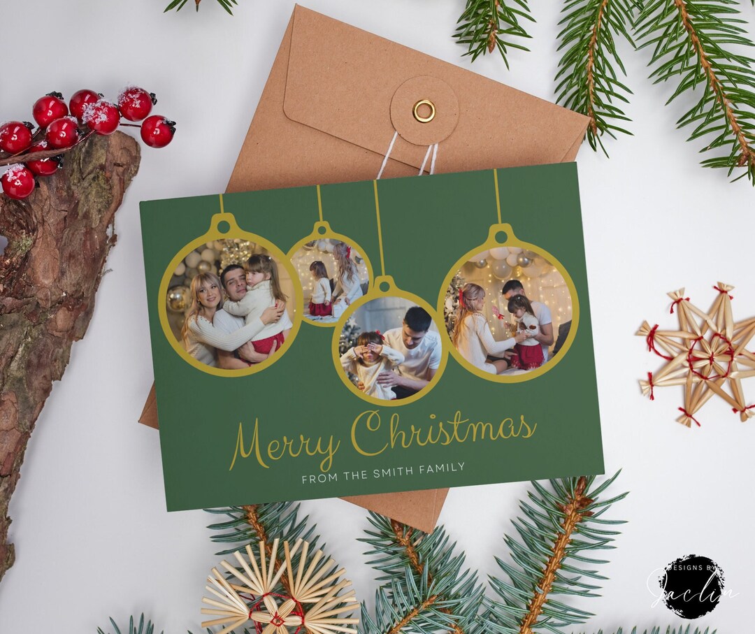 Ornament Christmas Card Template Christmas Bulb Photo Card Green ...