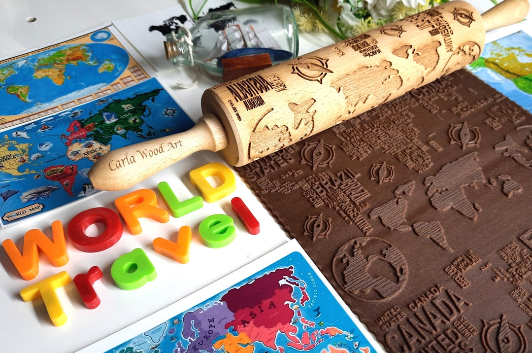 World Map Embossing Wooden Rolling Pin Laser Deep Engraved Hq Etsy
