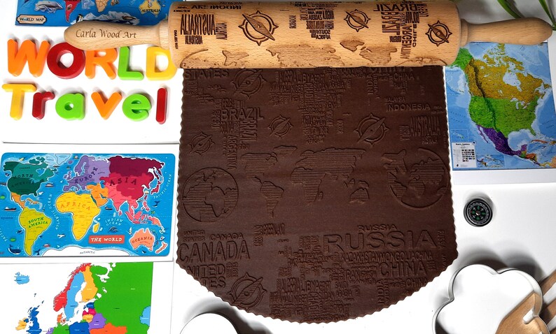 WORLD MAP ; Embossing Wooden Rolling Pin, Laser Deep Engraved HQ - Etsy