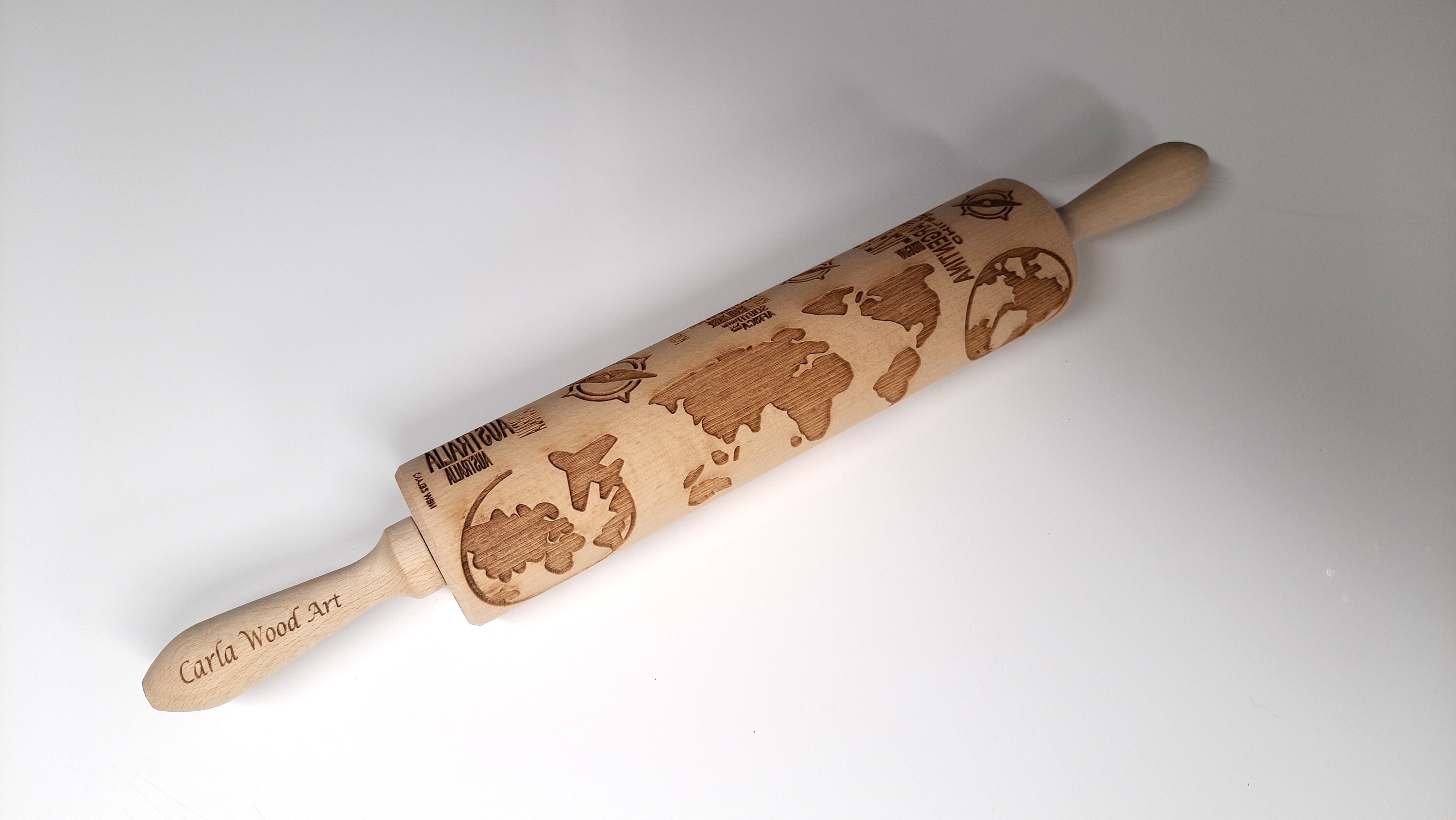 World Map Embossing Wooden Rolling Pin Laser Deep Engraved Hq Etsy