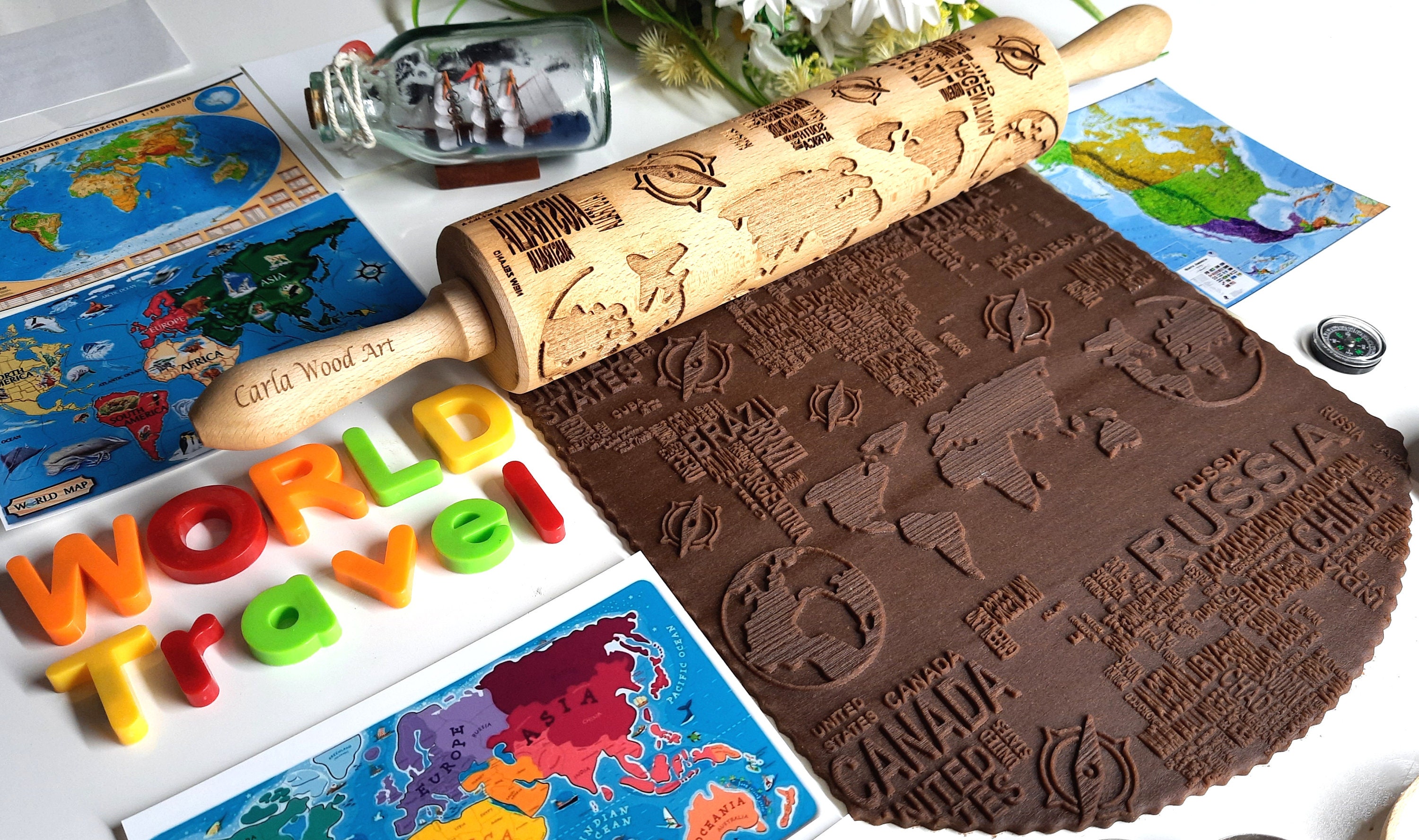 WORLD MAP ; Embossing Wooden Rolling Pin, Laser Deep Engraved HQ - Etsy