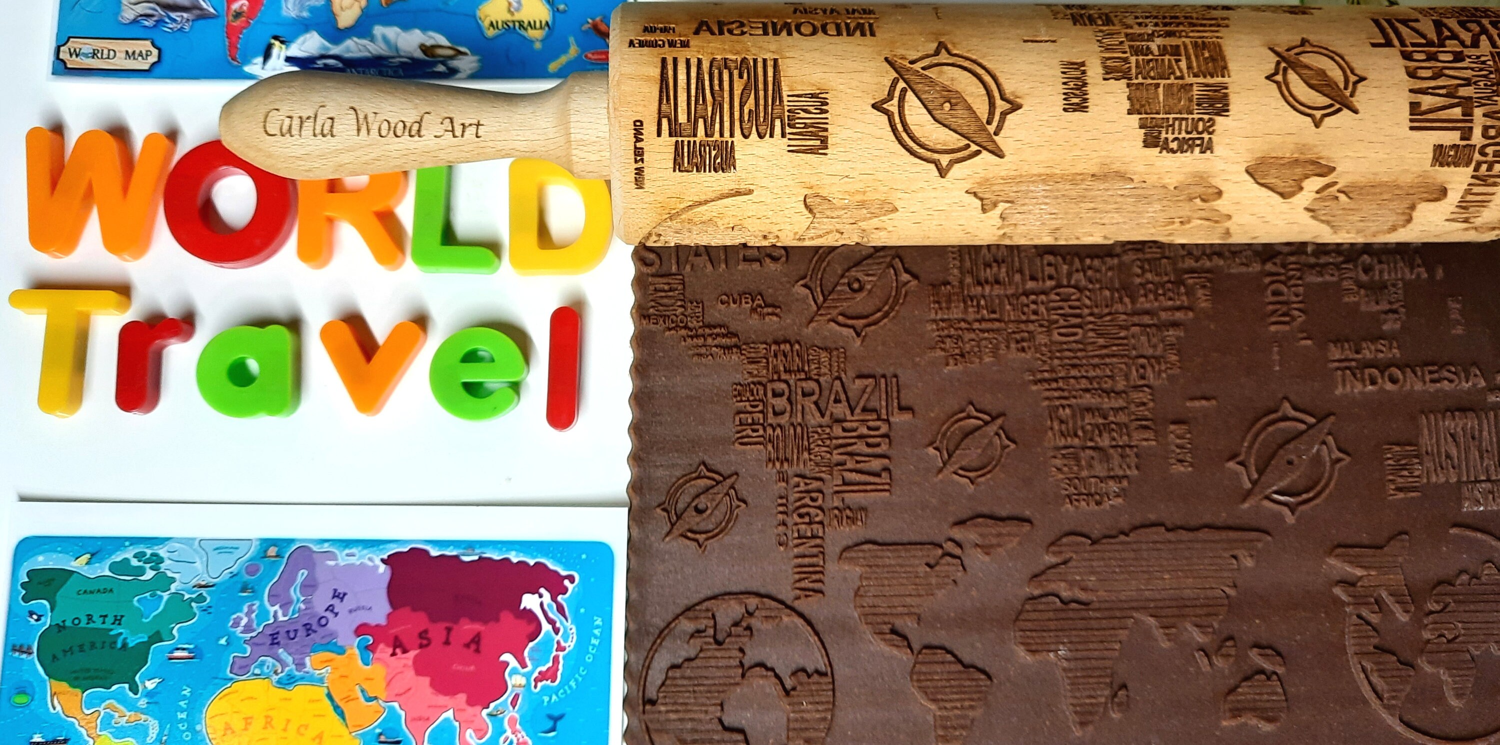 World Map Embossing Wooden Rolling Pin Laser Deep Engraved Hq Etsy