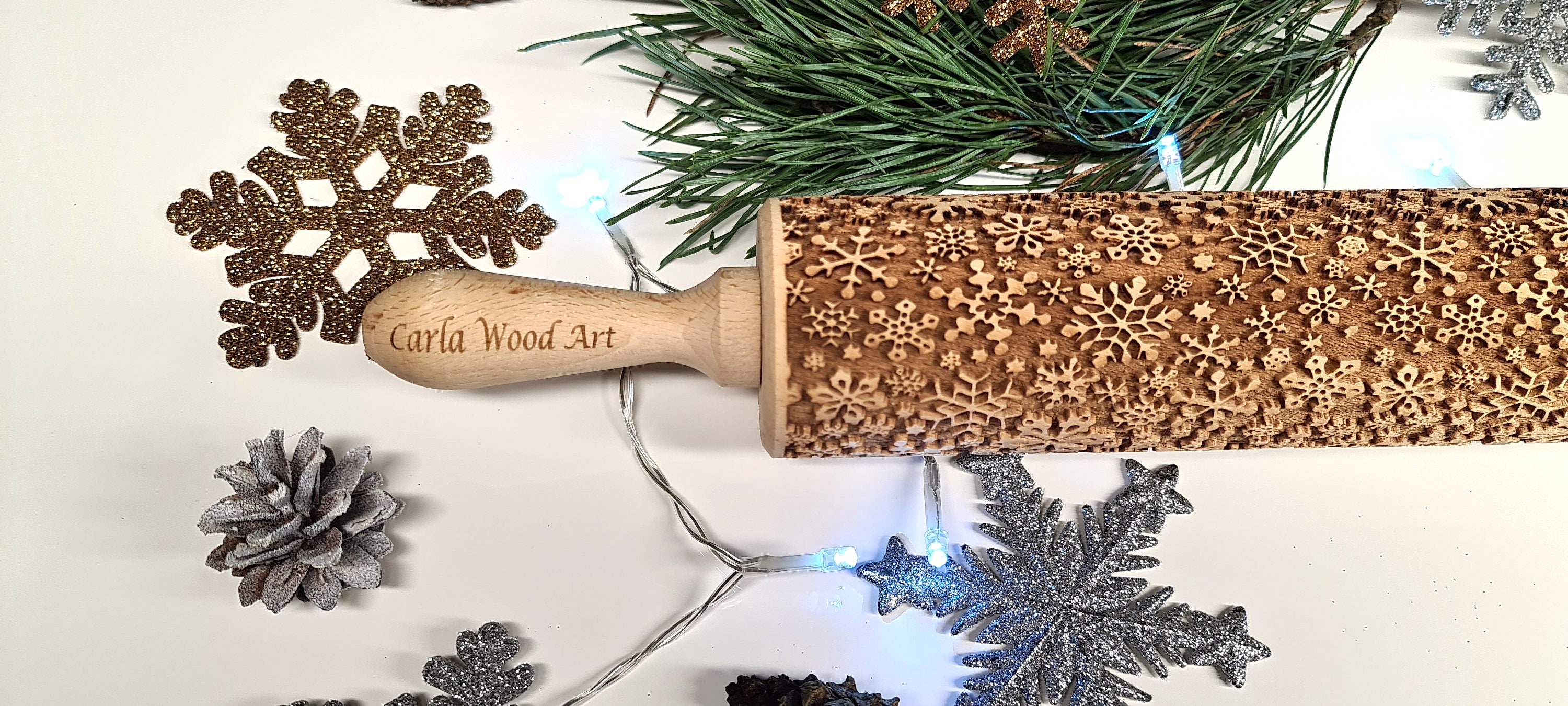 FALLING SNOWFLAKES Rolling Pin, Wooden Embossing Laser Deep Engraved ...