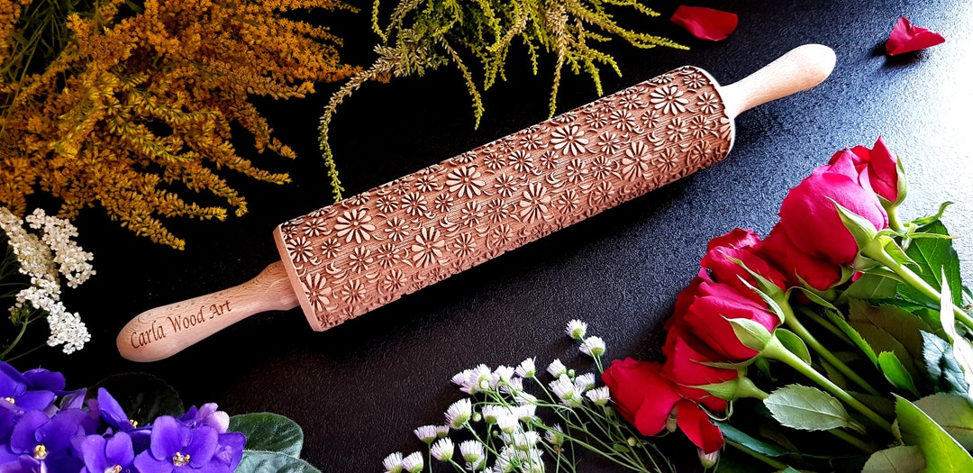 SUMMER FLOWERS ; Embossing Wooden Rolling Pin, Laser Deep Engraved HQ ...