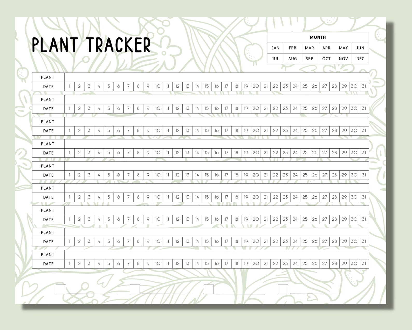 Printable Plant Tracker, Green | Write on PDF, Sizes A3, A4, A5 ...