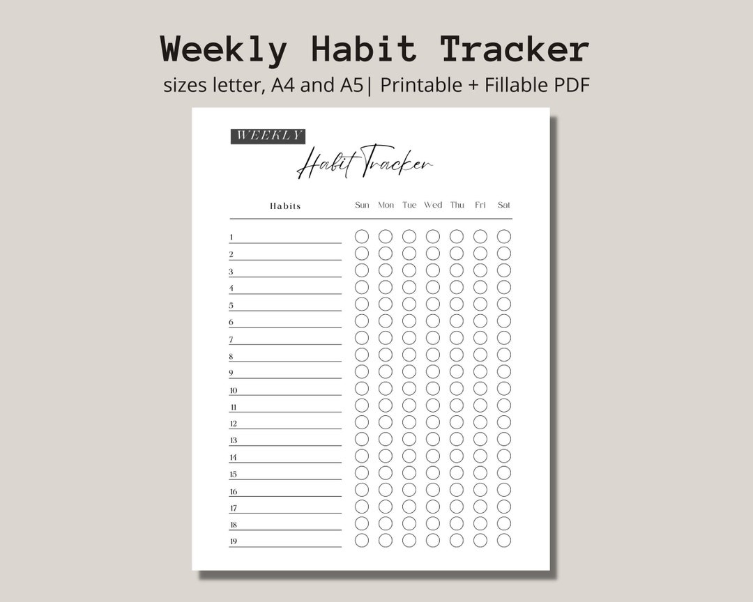 Printable and Fillable Weekly Habit Tracker | Instant Download - Etsy