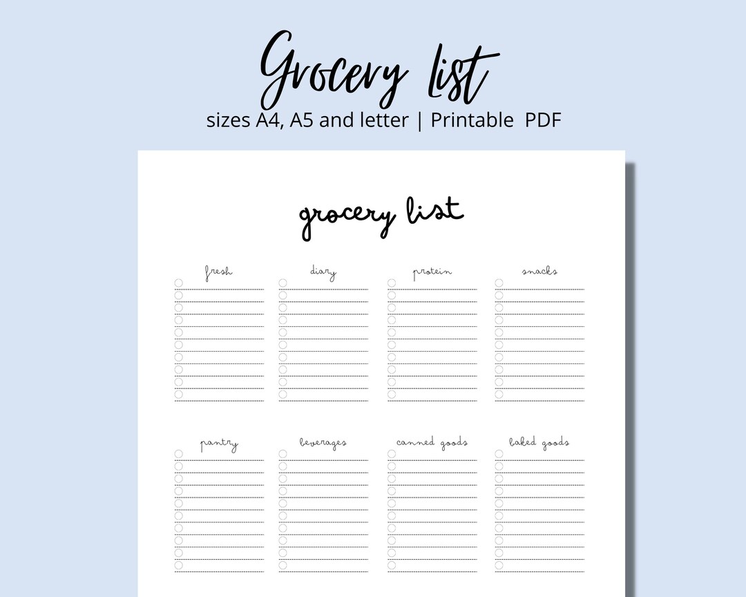 Printable Shopping List PDF – Grocery List Template | A4, A5, Letter ...