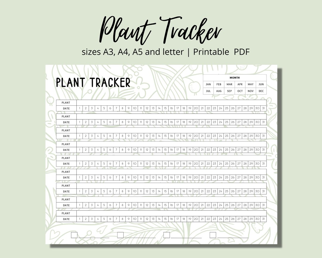 Printable Plant Tracker, Green | Write on PDF, Sizes A3, A4, A5 ...