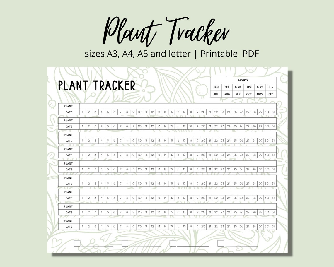 Printable Plant Tracker, Green | Write on PDF, Sizes A3, A4, A5 ...