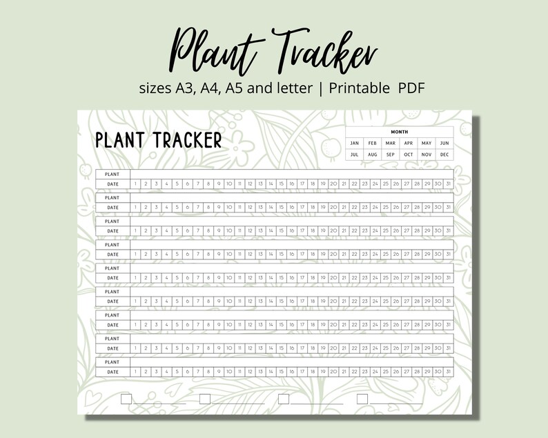 Printable Plant Tracker, Green | Write on PDF, Sizes A3, A4, A5 ...