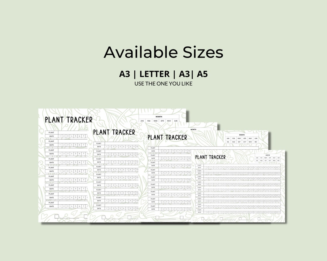 Printable Plant Tracker, Green | Write on PDF, Sizes A3, A4, A5 ...