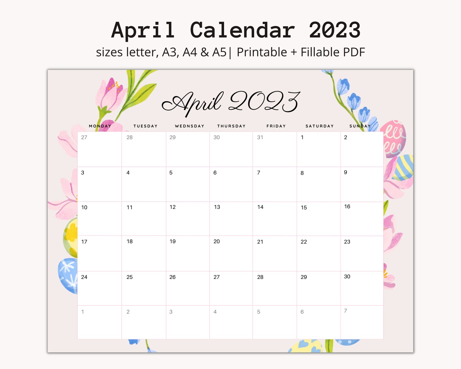 April Calendar 2023 Fillable and Printable Calendar Sizes - Etsy