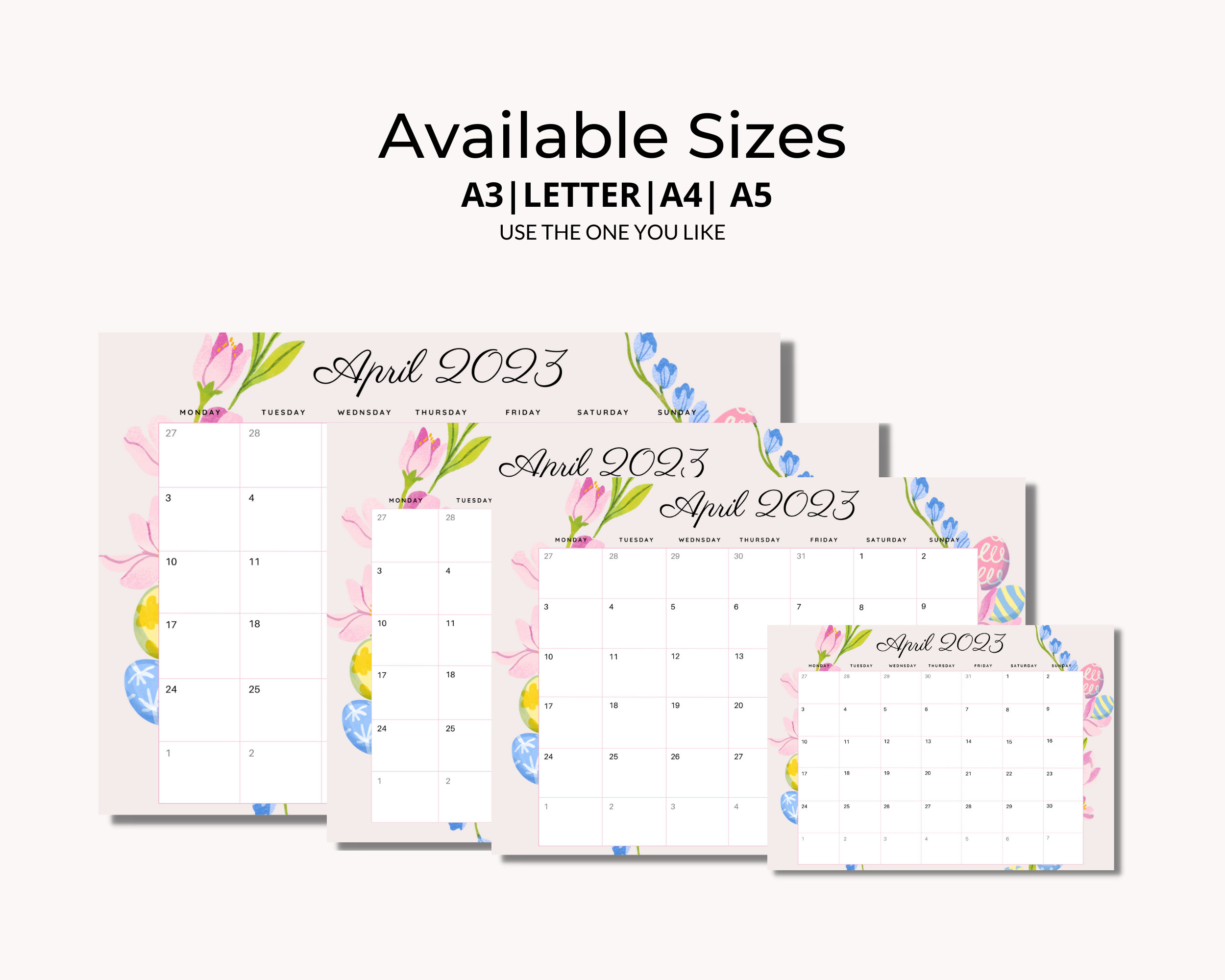 April Calendar 2023 Fillable and Printable Calendar Sizes - Etsy