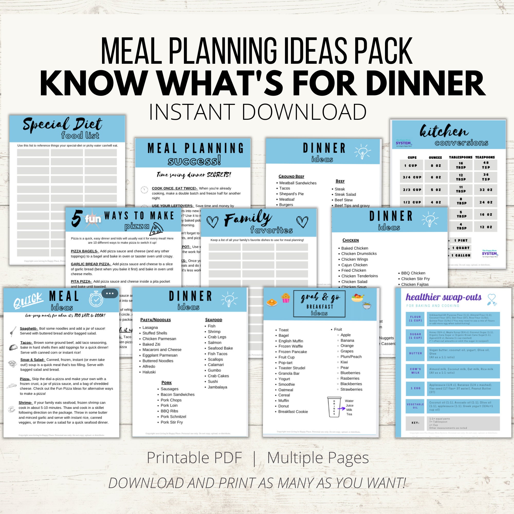 Meal Plan Ideas, Colorful Printable List of Ideas to Fill Your Meal ...
