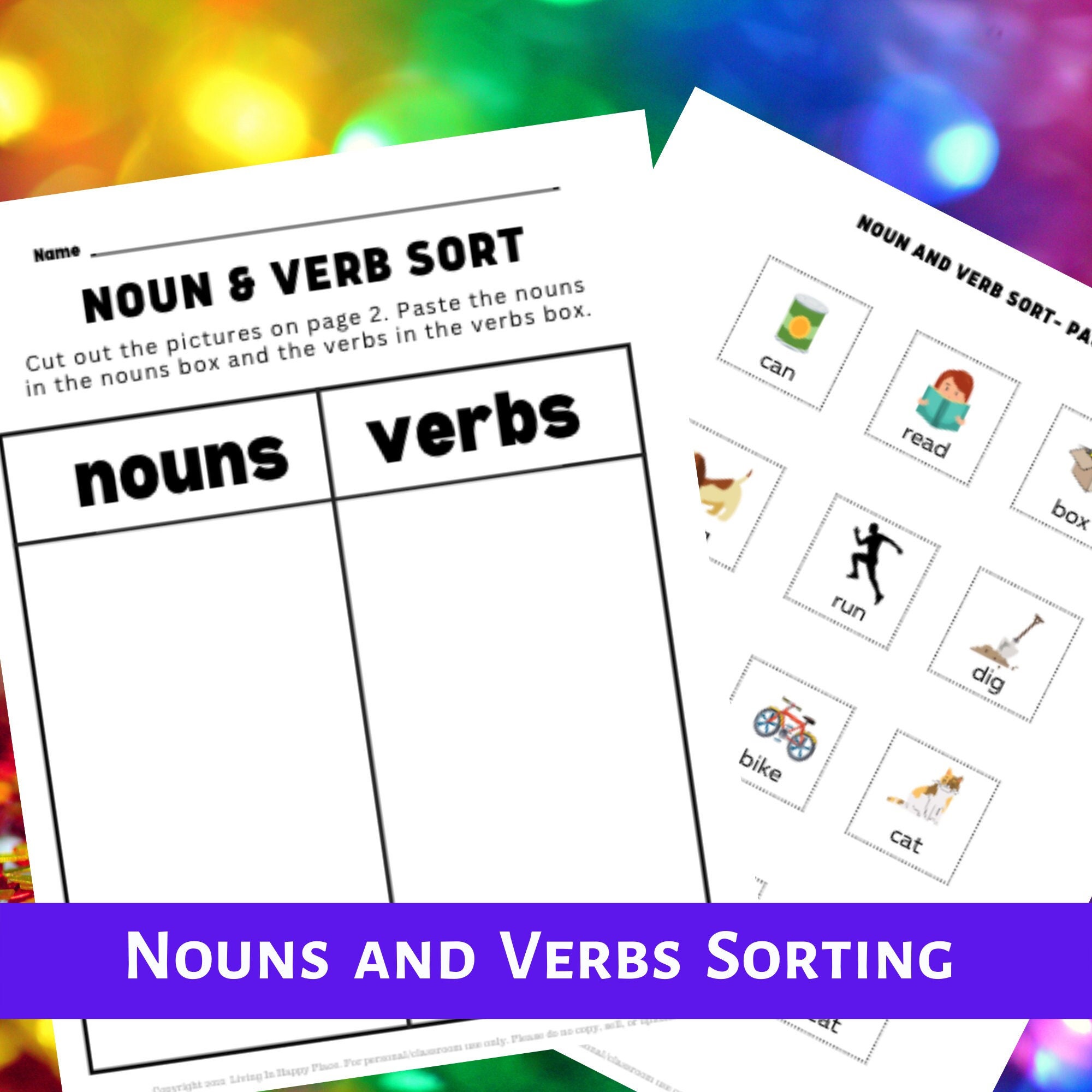 Nouns and Verbs Sorting Worksheets Kindergarten 1st First Grade ...