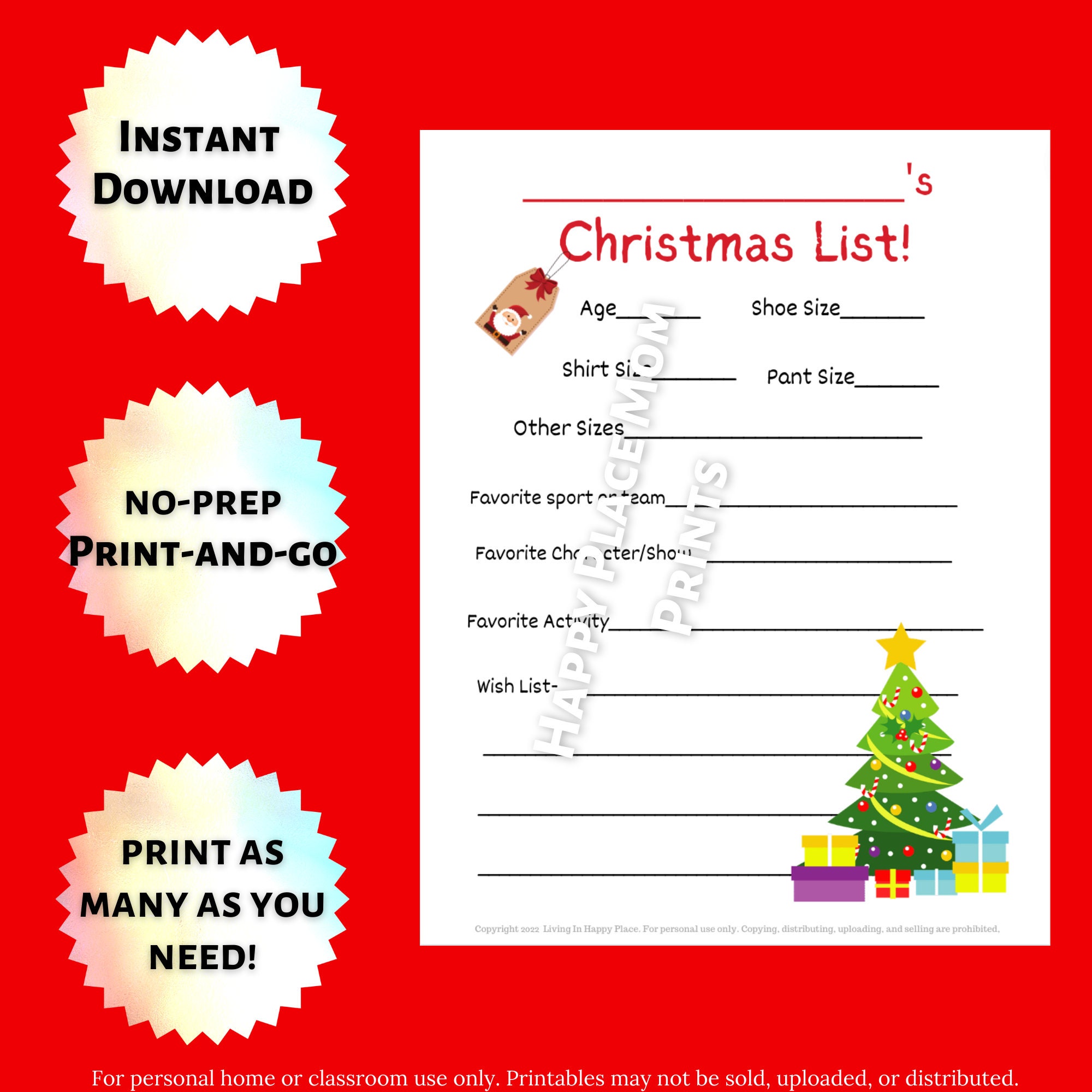 Printable Christmas Gift Wish List for Kids. List for Santa. Instant ...