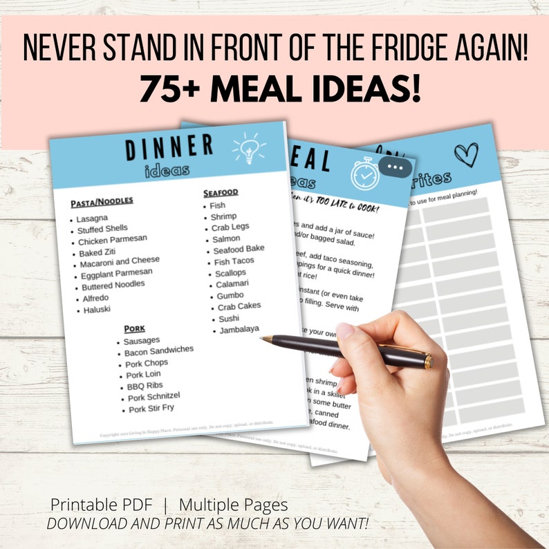 Meal Plan Ideas, Colorful Printable List of Ideas to Fill Your Meal ...
