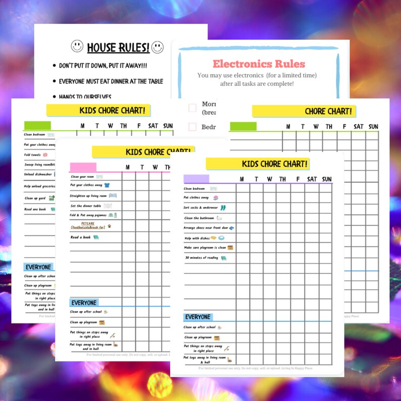 Kids Chore Chart for Kids Printable, Colorful With Pictures and Words ...