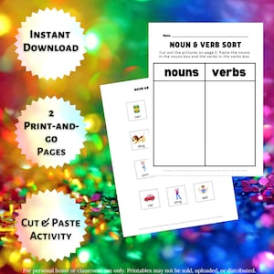 Nouns and Verbs Sorting Worksheets Kindergarten 1st First Grade ...