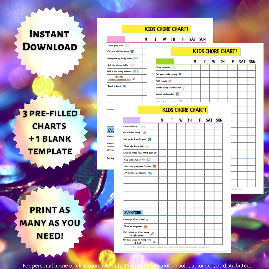 Kids Chore Chart for Kids Printable, Colorful With Pictures and Words ...