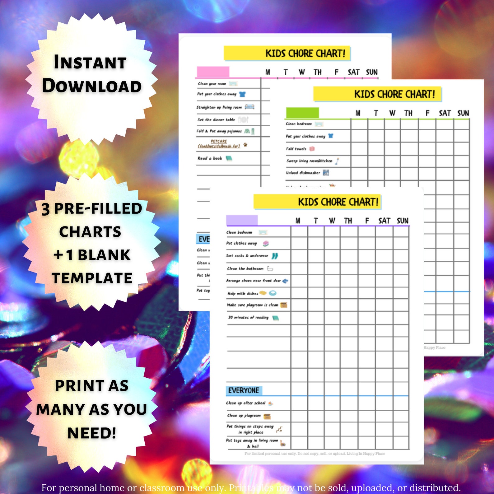 Kids Chore Chart for Kids Printable, Colorful With Pictures and Words ...