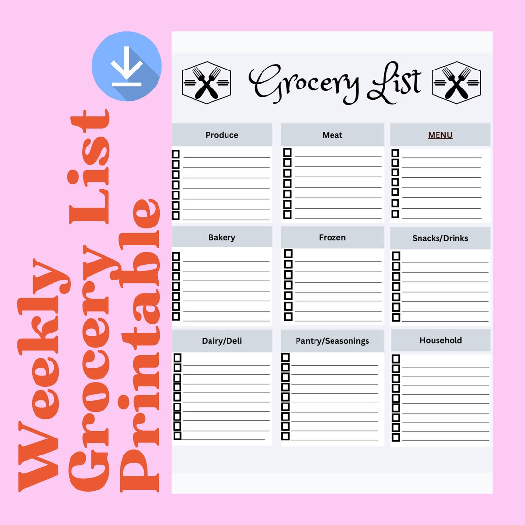 Grocery List Printable | Weekly Menu Planner | Grocery List Template ...