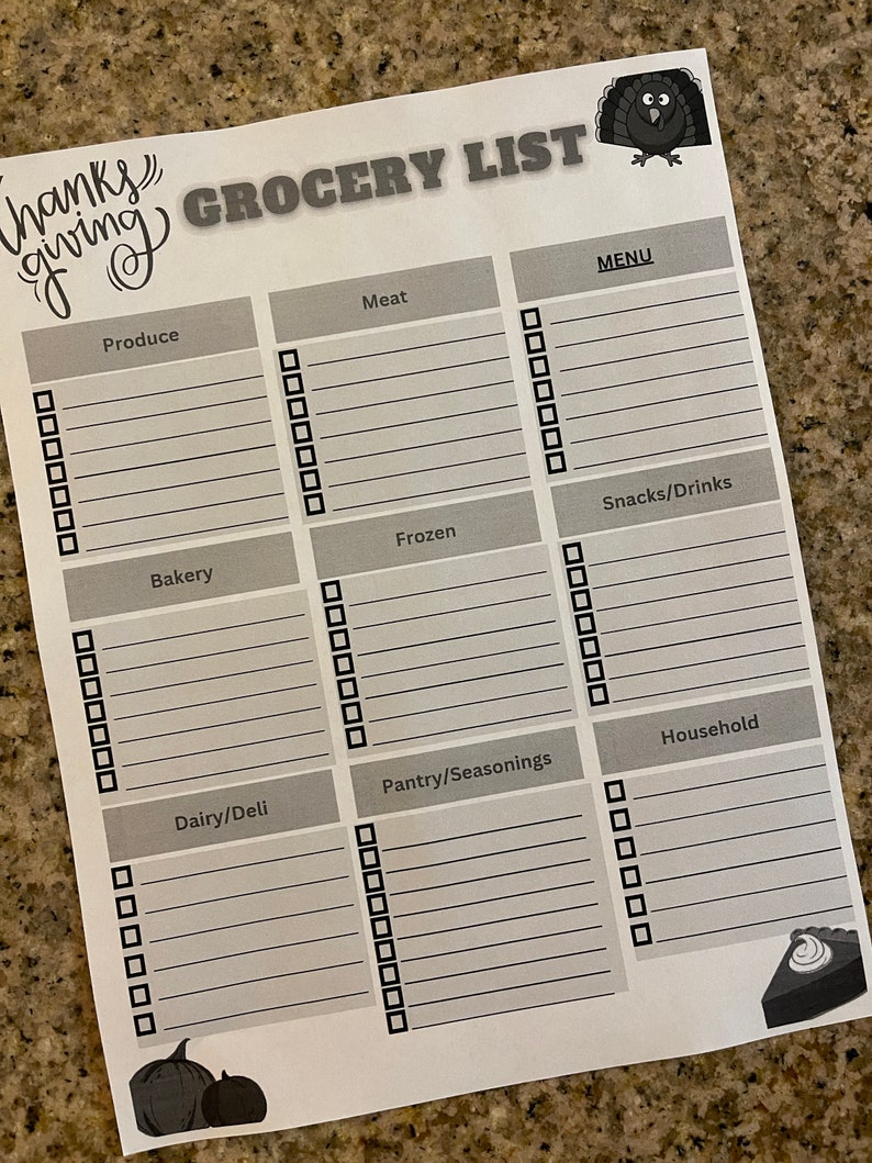 Thanksgiving Grocery List Printable | Weekly Menu Planner | Grocery ...