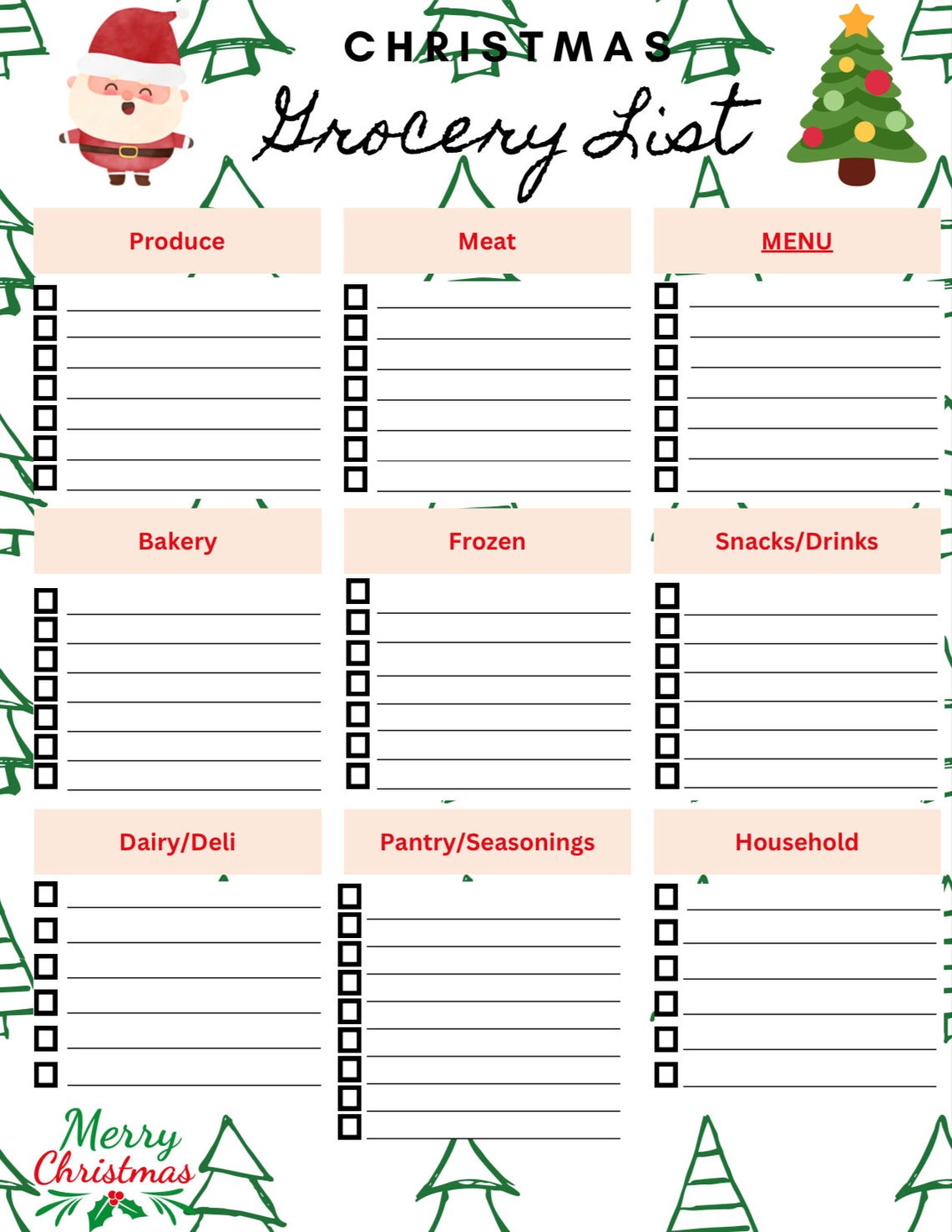 Christmas Grocery List Printable | Weekly Menu Planner | Grocery List ...