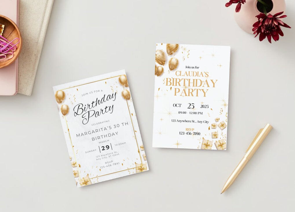 25-pack White and Gold Elegant Birthday Party Invitations Printed W ...