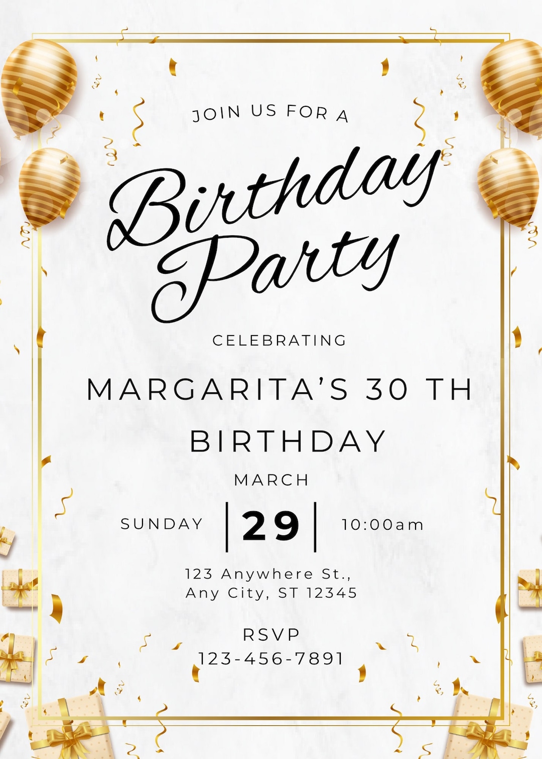 25-pack White and Gold Elegant Birthday Party Invitations Printed W ...