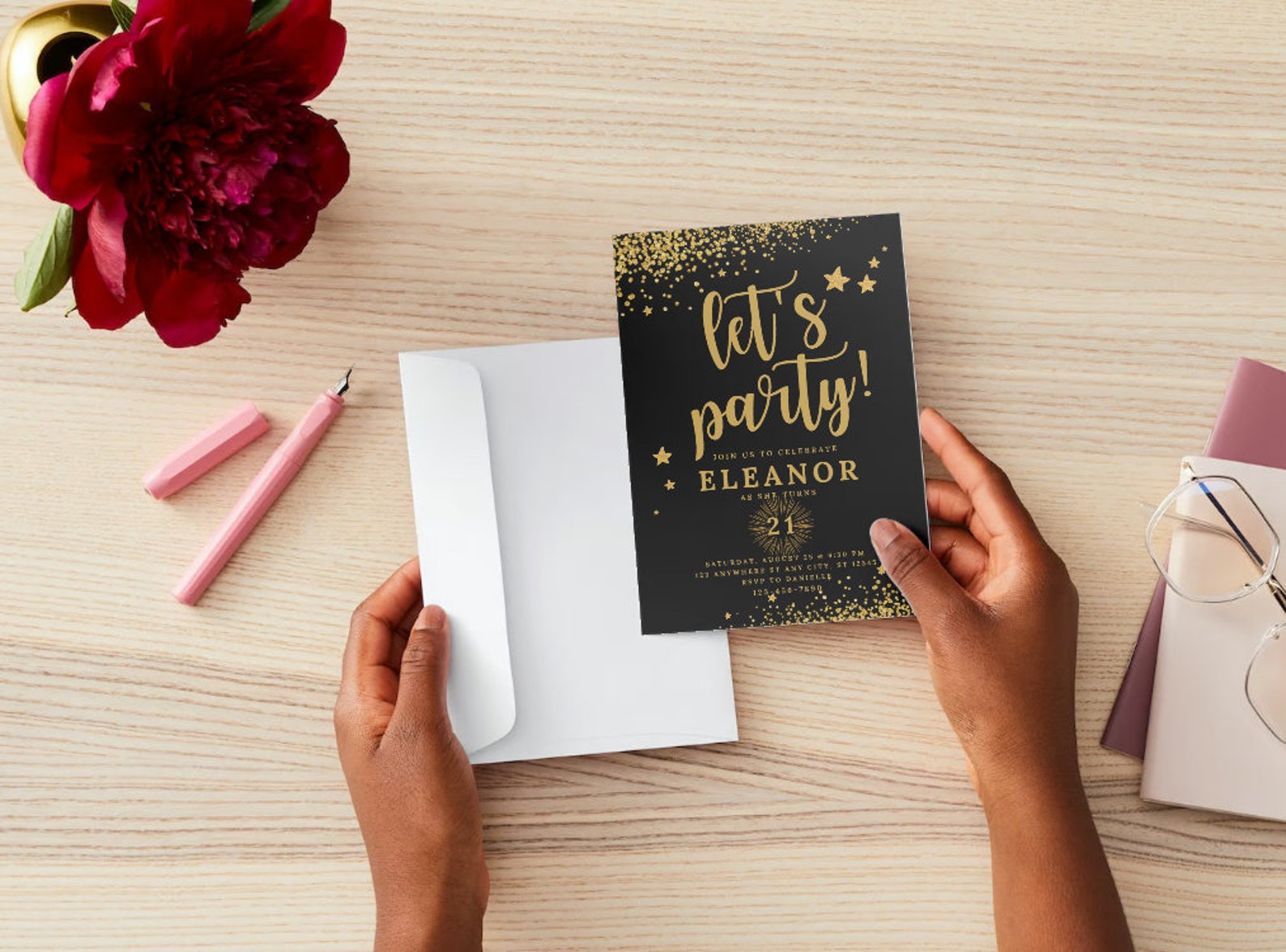 25-pack Black and Gold Elegant Birthday Party Invitations Printed W ...