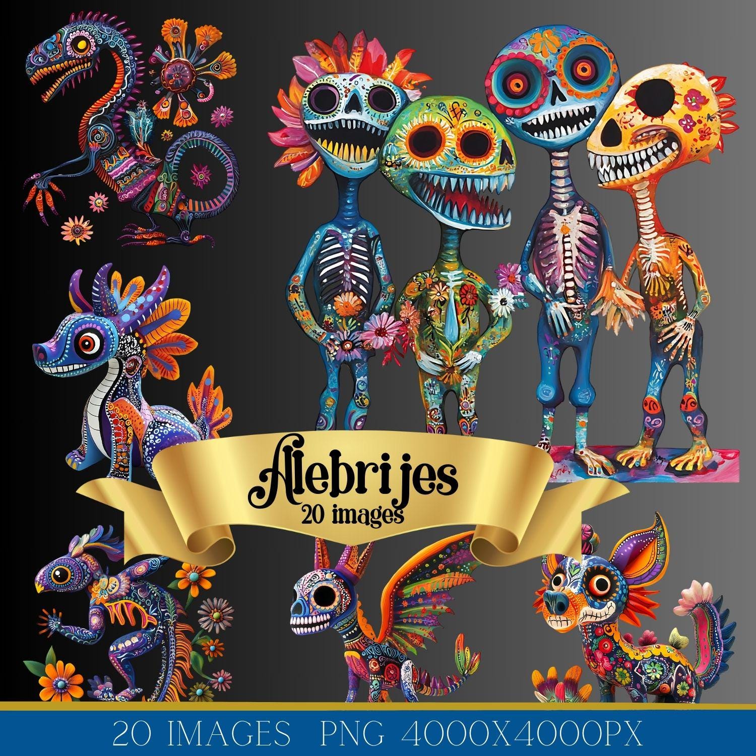 Dia De Los Muertos, Alebrijes, Clipart Bundle Png, Catrina Calavera 20 ...